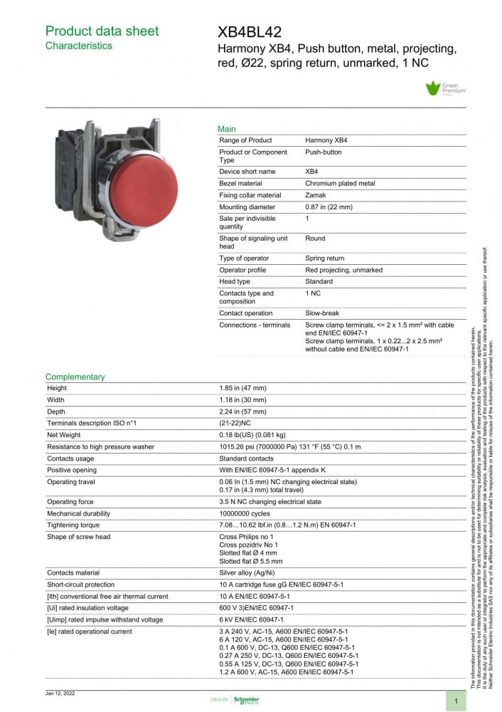 XB4BL42 technical document page 1