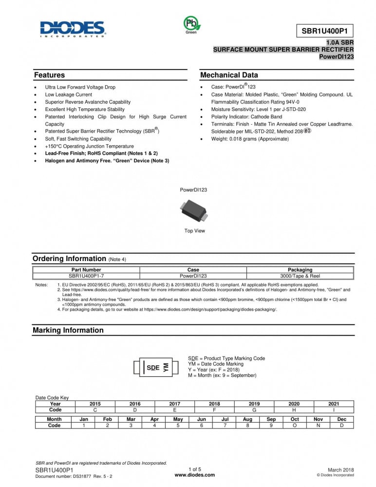 SBR1U400P1-7 datasheet page 1