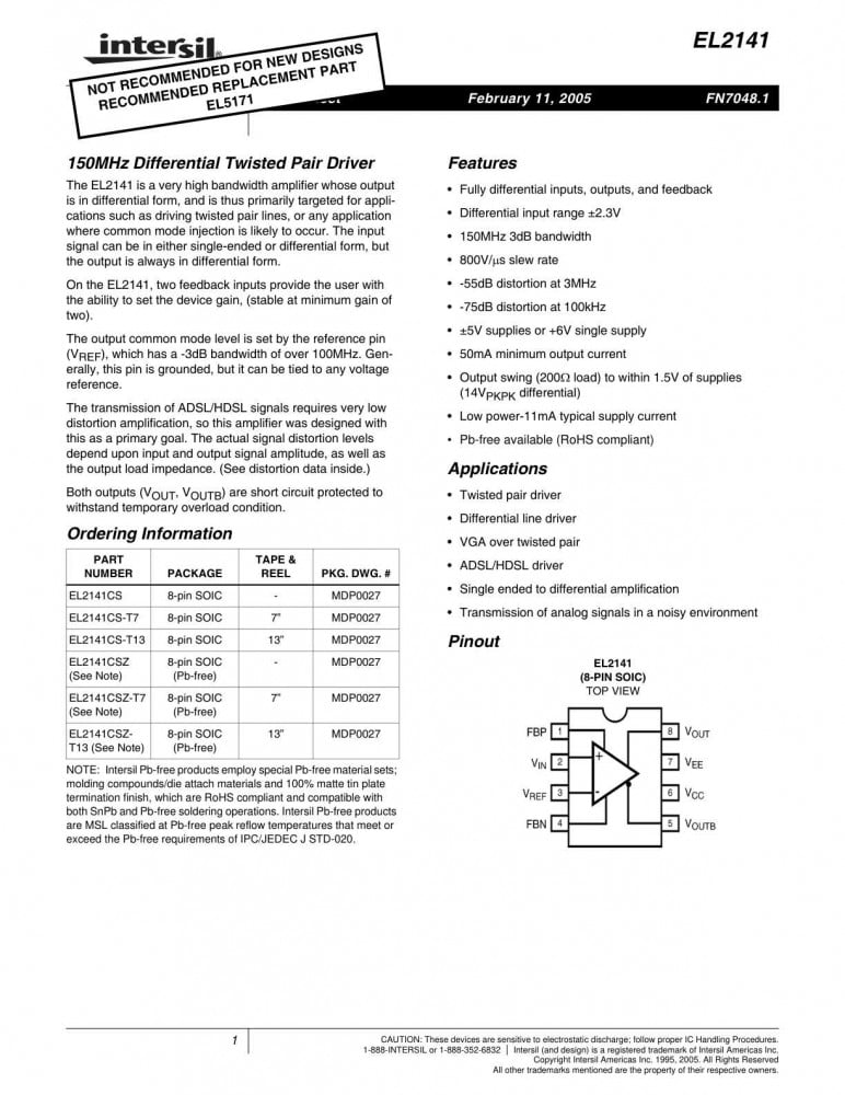EL2141CS datasheet page 1