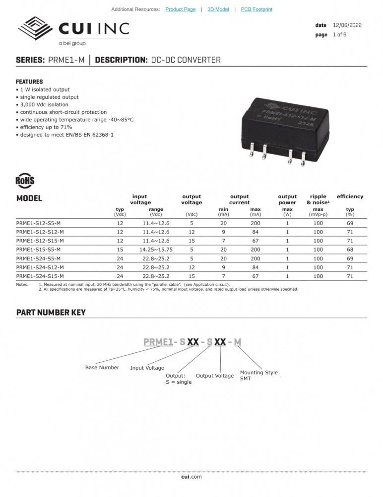 CUI PRME1-M datasheet page 1