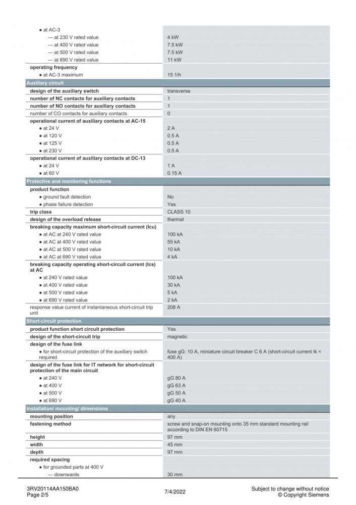 SIEMENS 3RV20114AA150BA0 datasheet page 2