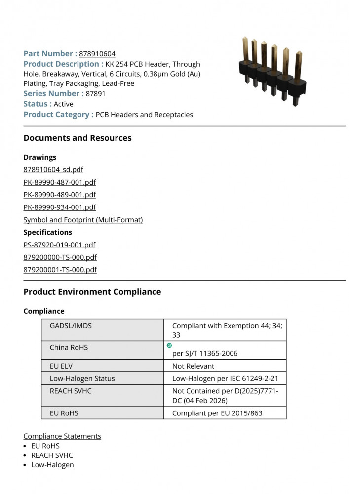 MOLEX 878910604 technical document preview, page 1