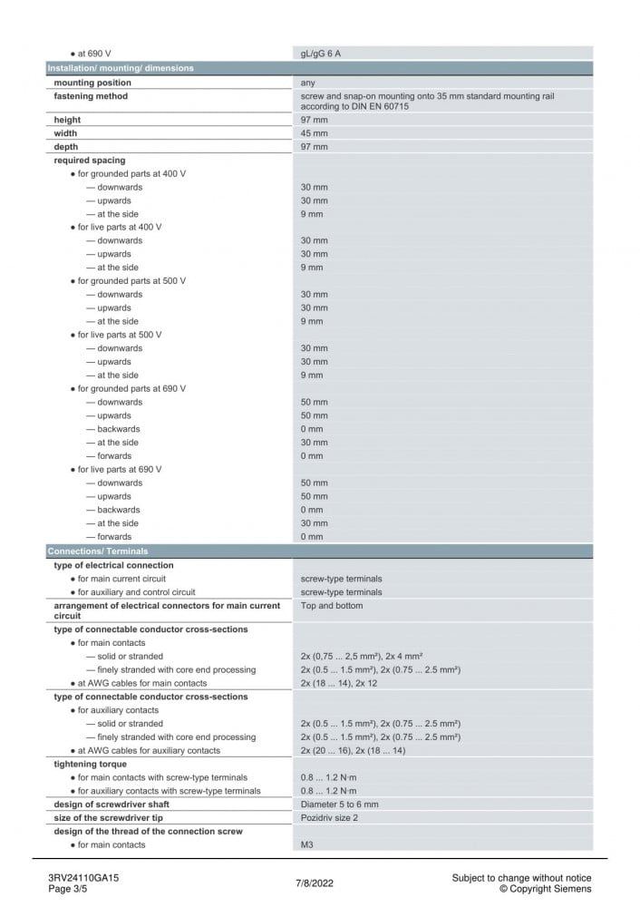 3RV24110GA15 datasheet page 3