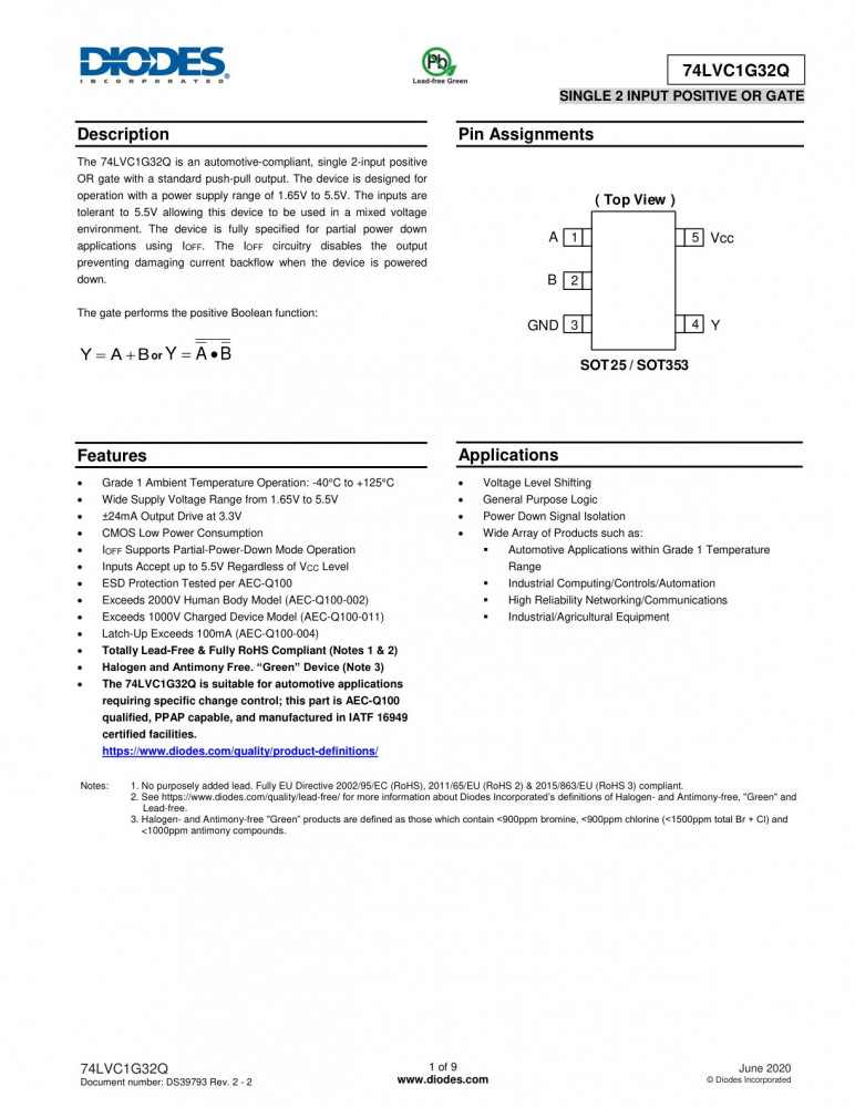 74LVC1G32QW5-7 datasheet page 1
