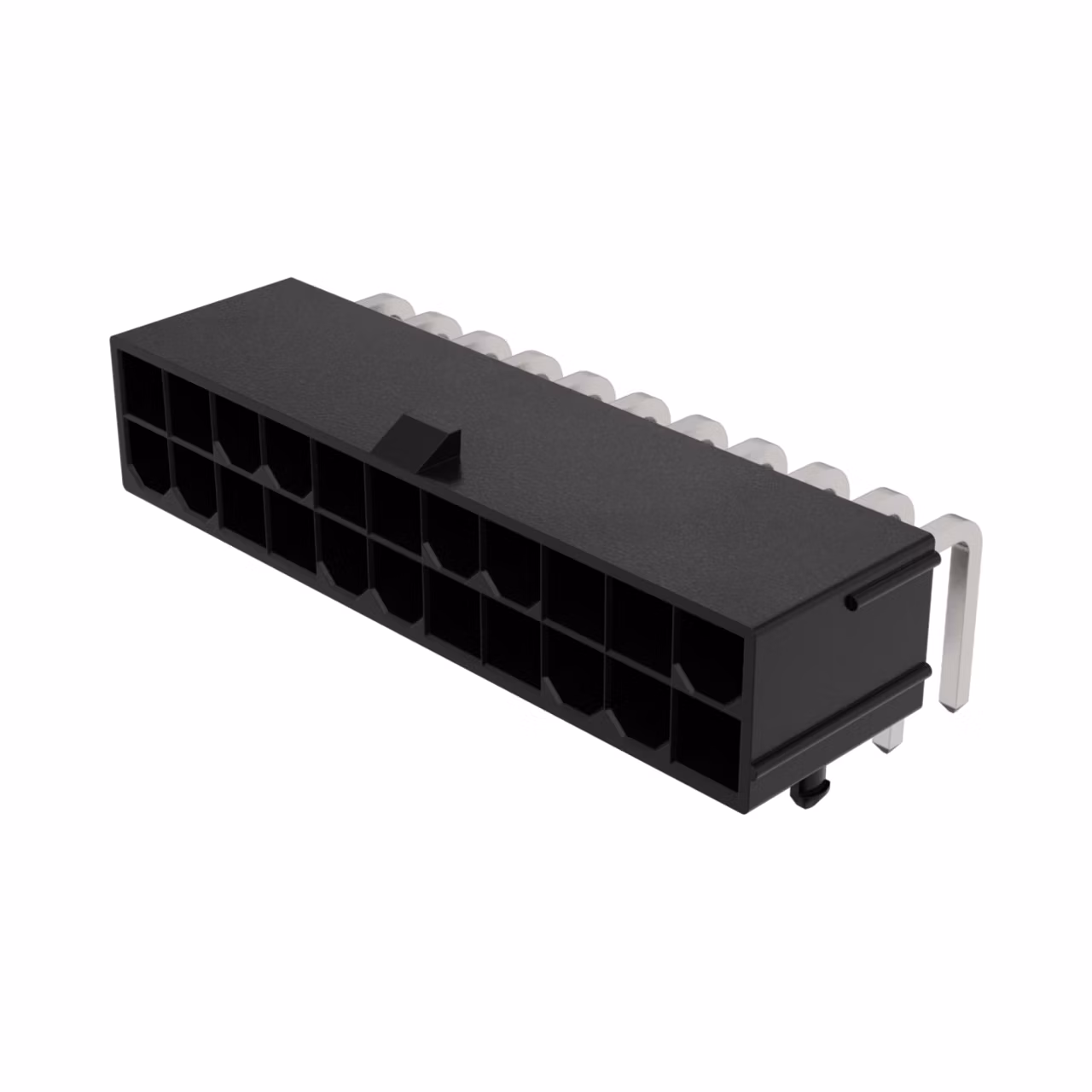 Mini-Fit Jr. Header, Dual Row, Right-Angle, with Snap-in Plastic Peg PCB Lock, 22 Circuits, UL 94V-0, Select Gold (Au) Plating, Black, Tray for sale