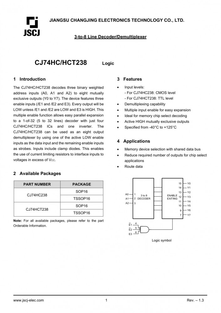 CJ74HC238 datasheet page 1