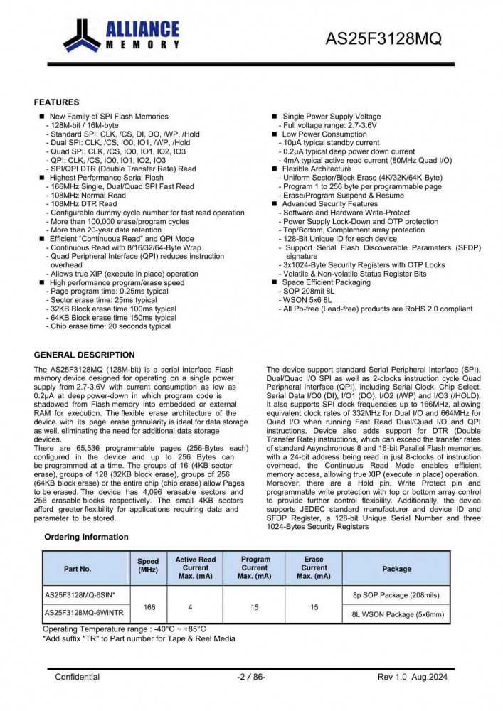 AS25F3128MQ datasheet page 2