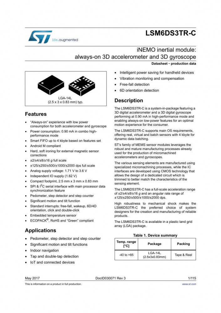 LSM6DS3TR-C datasheet page 1