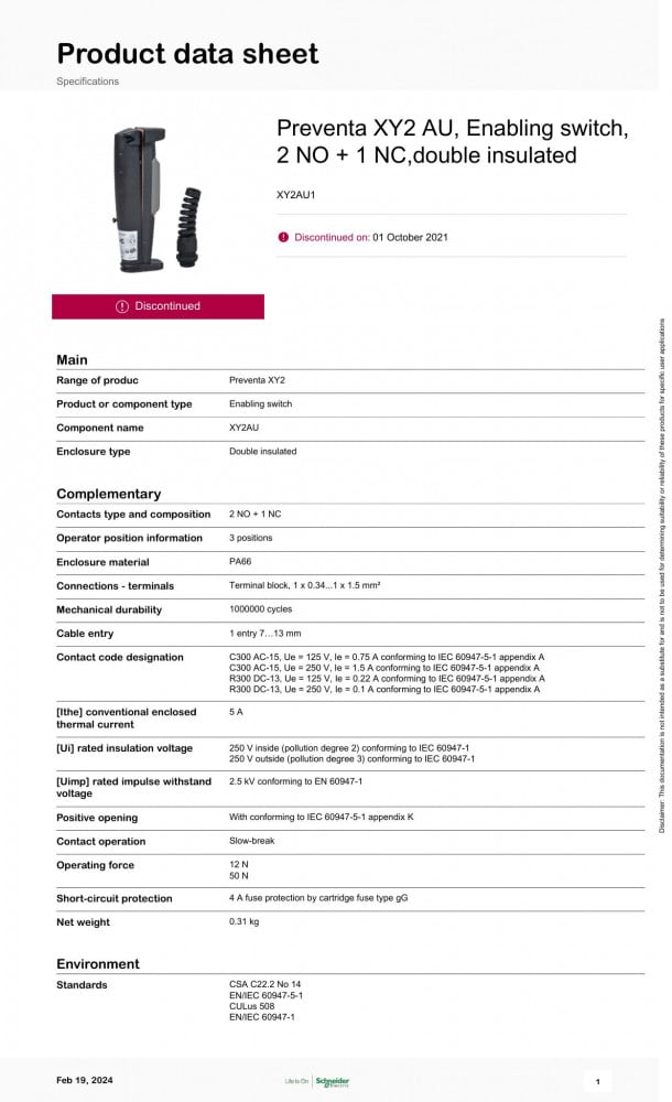 XY2AU1 technical document page 1