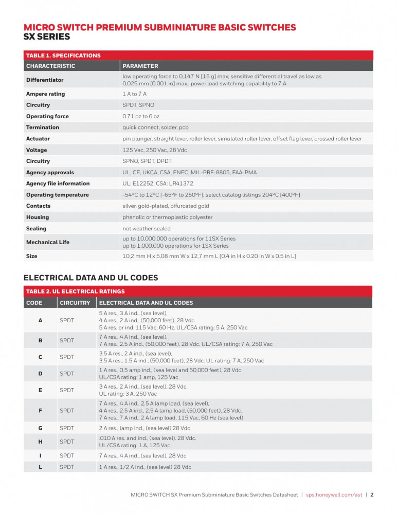 Honeywell SX Series datasheet page 2