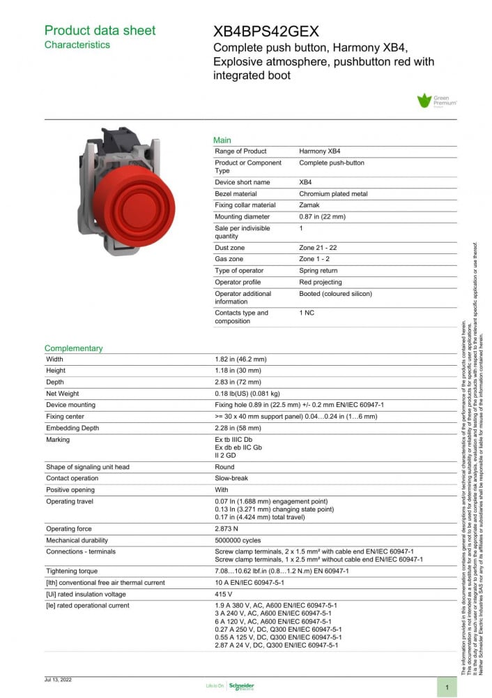 XB4BPS42GEX technical document page 1