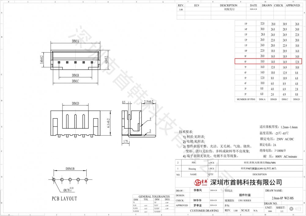 SHOU HAN 2.0mm-8P WZ-MS technical drawing page 1