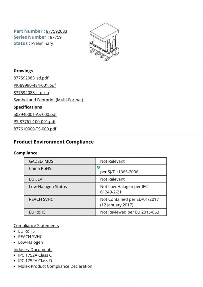 MOLEX 877592083 technical document preview, page 1