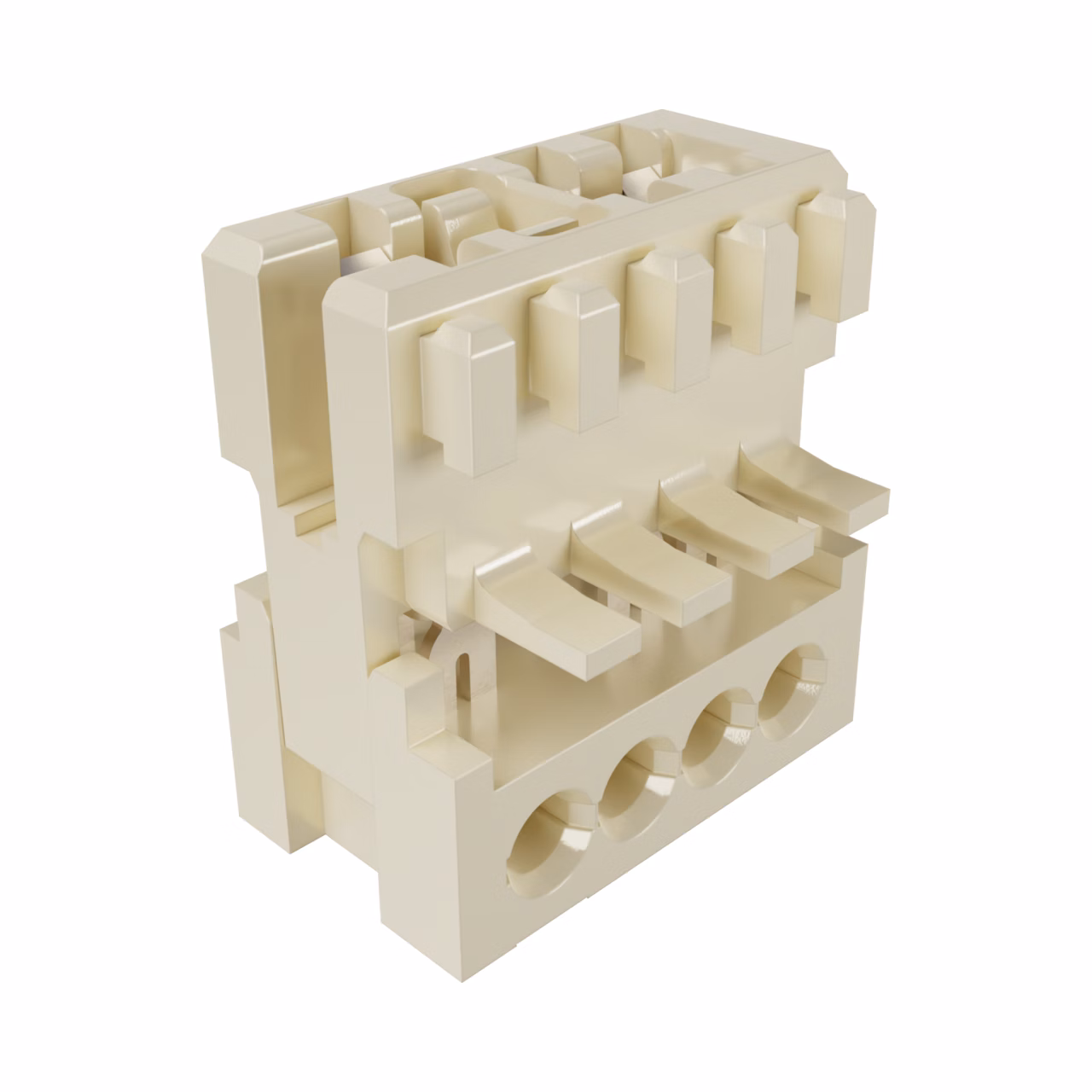 Appli-Mate RAST 2.5 Connector, 2.50mm Pitch, Female, 4 Circuits, No Position Keys Removed, Polarizing Rib Between 3/4, Locking Pips, Open Endwalls, Tin Plating
