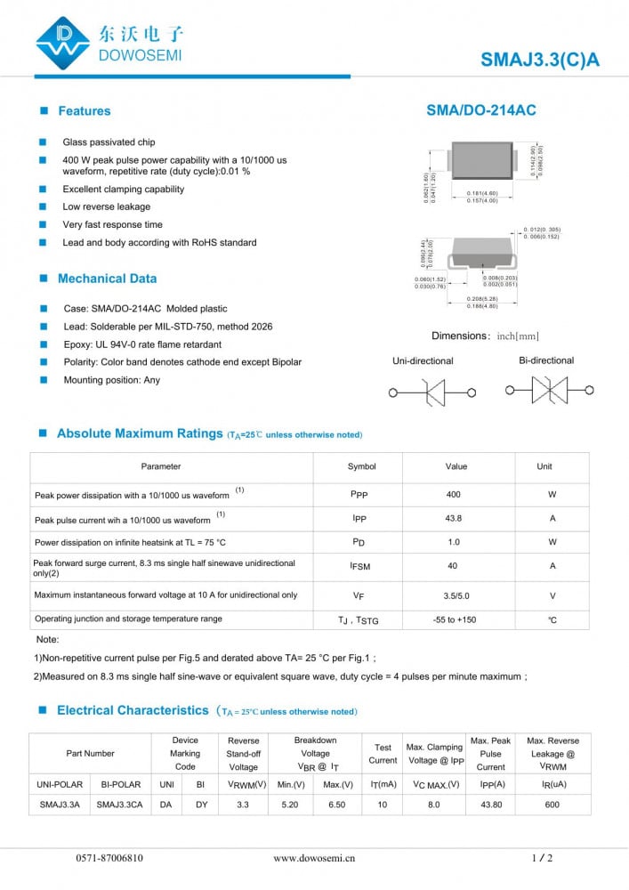 SMAJ3.3A datasheet page 1