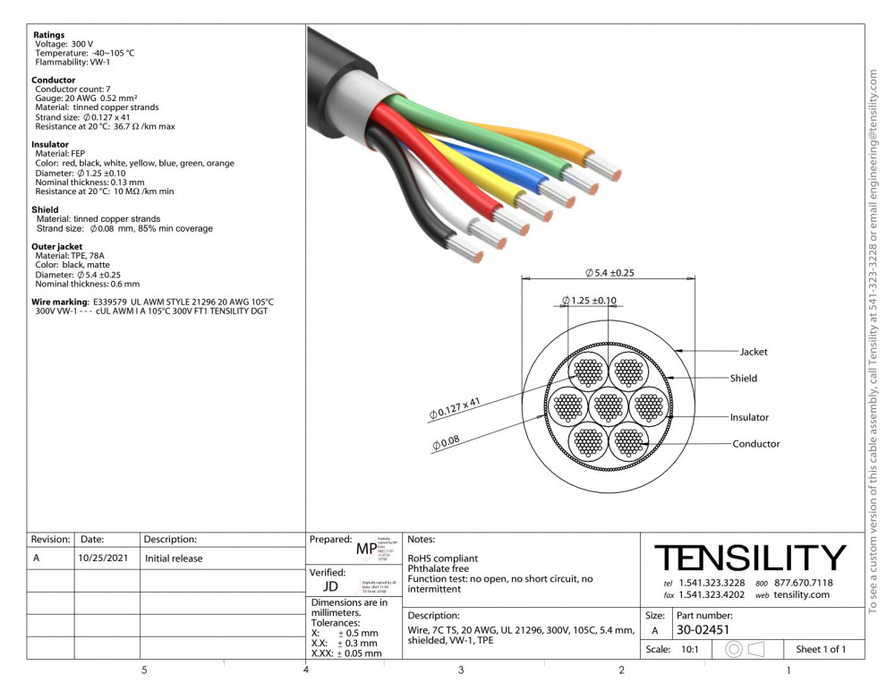 Tensility International 30-02451 product drawing and cable specification