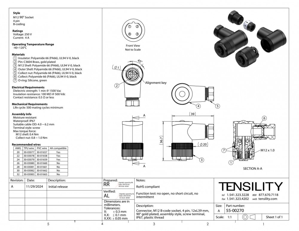 Tensility International 55-00270 M12 B-coded 4-pin socket product drawing