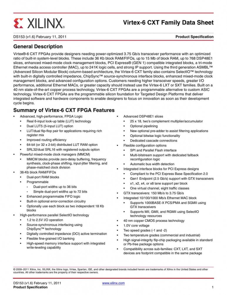 XC6VCX130T datasheet page 1