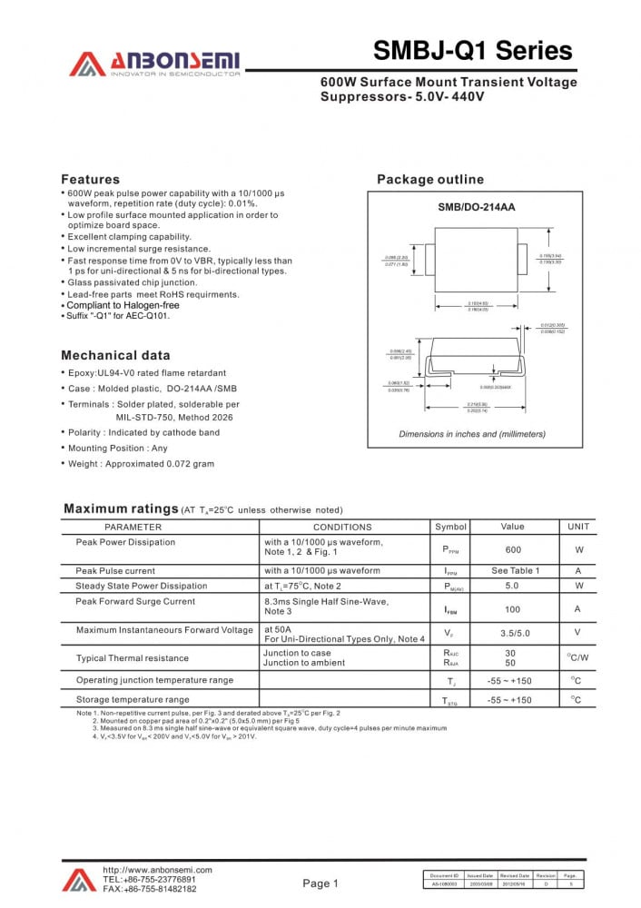 SMBJ18CA-Q1 datasheet page 1