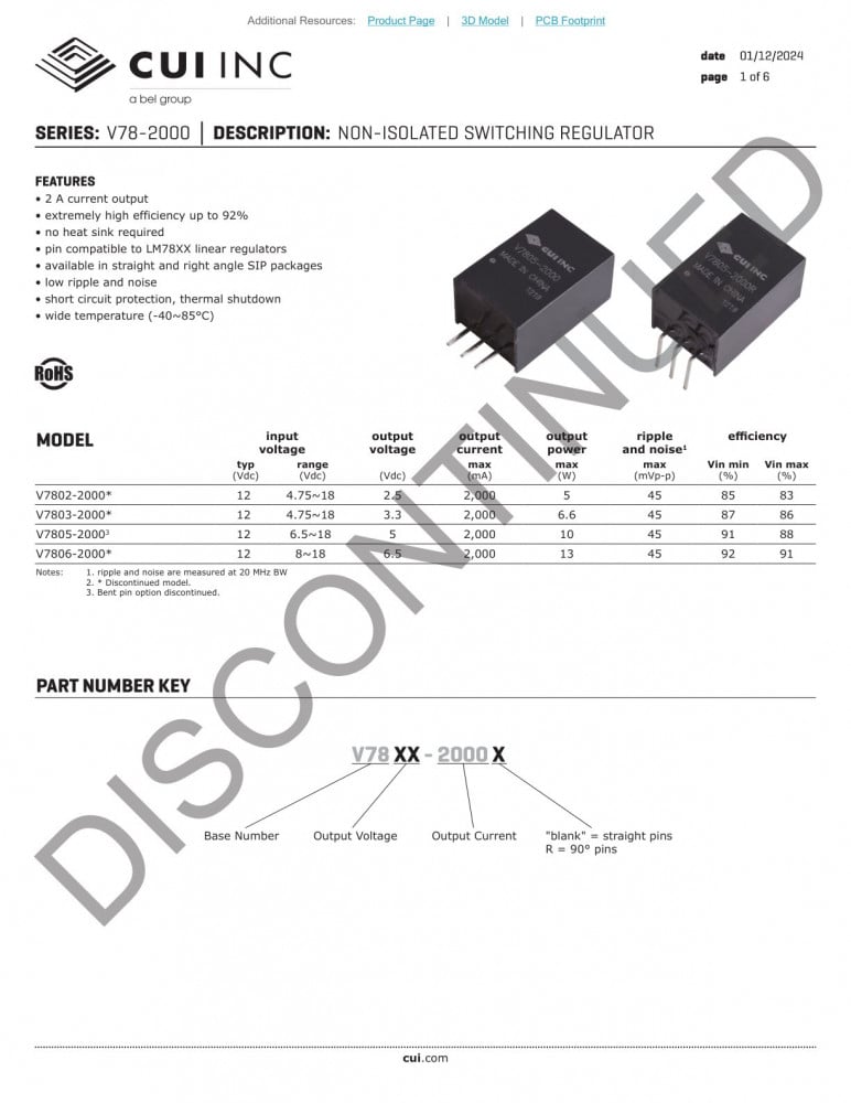 CUI V7805-2000R datasheet page 1