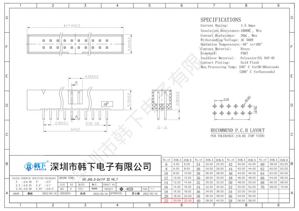 HANXIA HX JN2.0-2x11P ZZ H5.7 product drawing