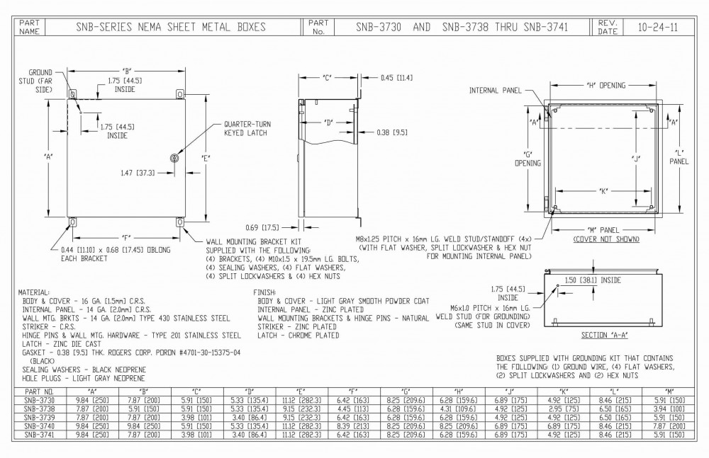 Bud Industries SNB series enclosure drawing and dimensional information