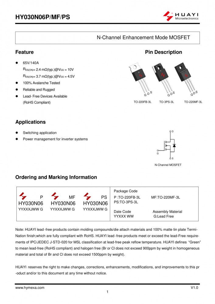 HY030N06P datasheet page 1