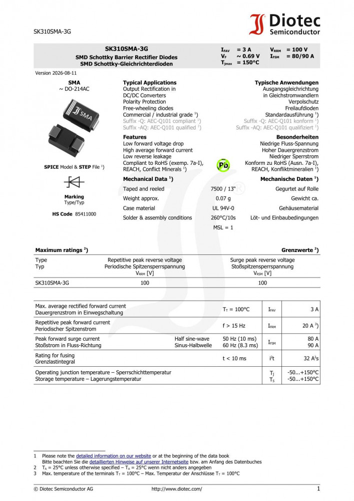 SK310SMA-3G datasheet page 1
