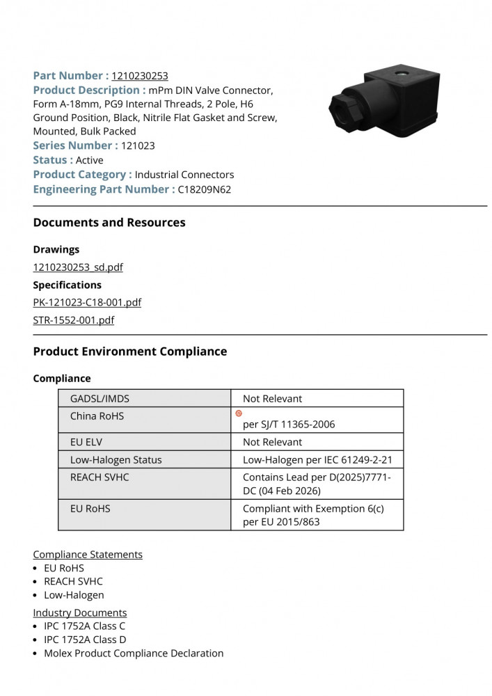 Molex C18 Series DIN valve connector qualification document page 1