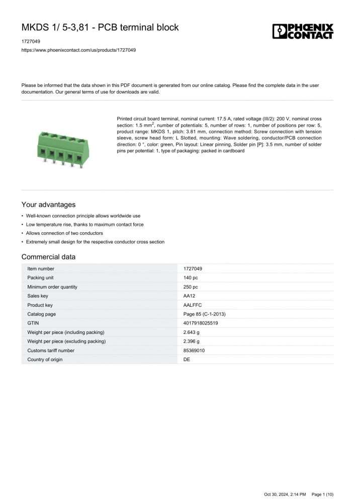 Phoenix Contact 1727049 technical document page 1