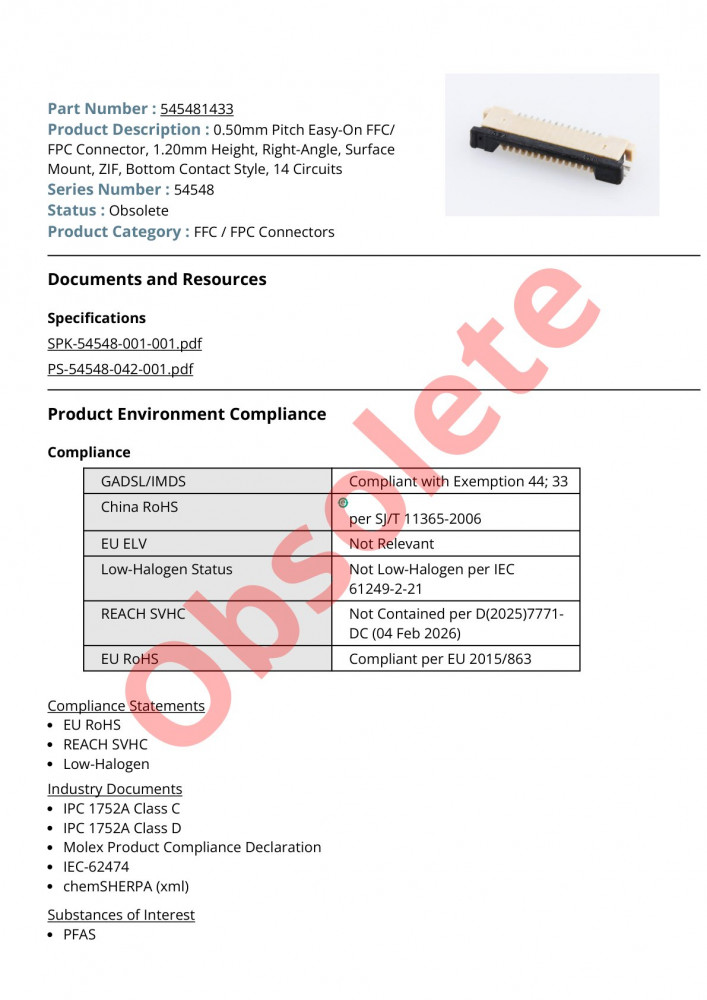 MOLEX 545481433 product document image, page 1