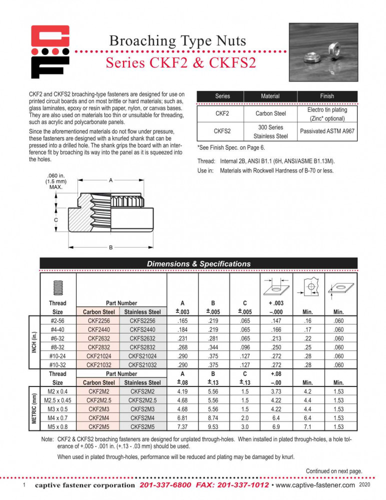 Captive Fastener CKF2 and CKFS2 broaching fastener catalog page 1