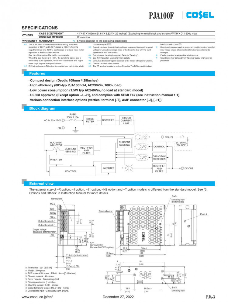 Cosel PJA series datasheet page 3