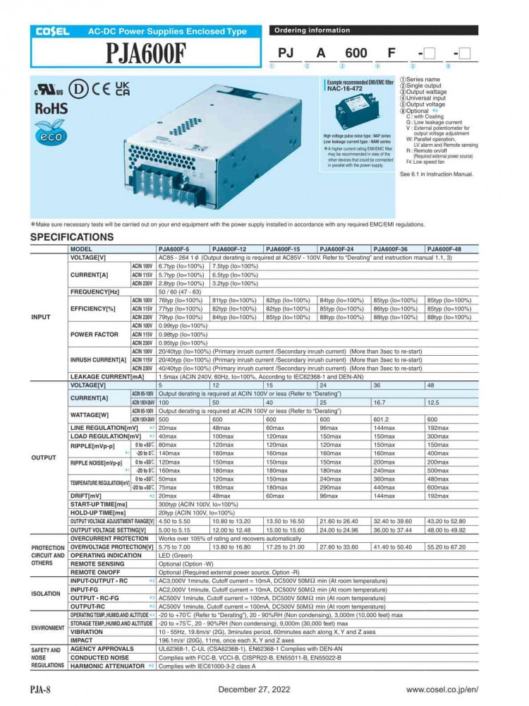 Cosel PJA series datasheet page 8