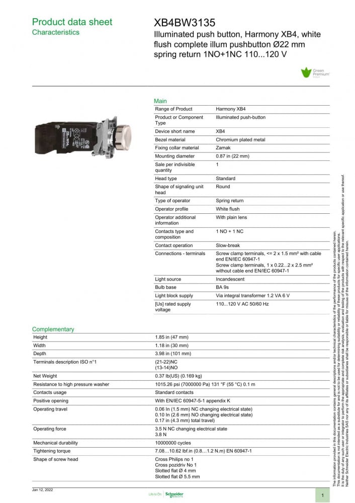 XB4BW3135 technical document page 1