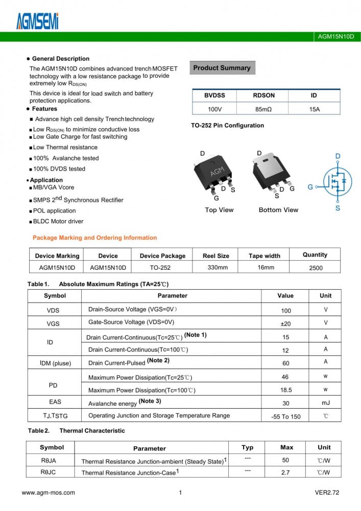 AGM15N10D datasheet page 1