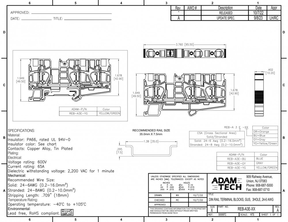 ADAM TECH REB-A3E-XX rail terminal block drawing preview