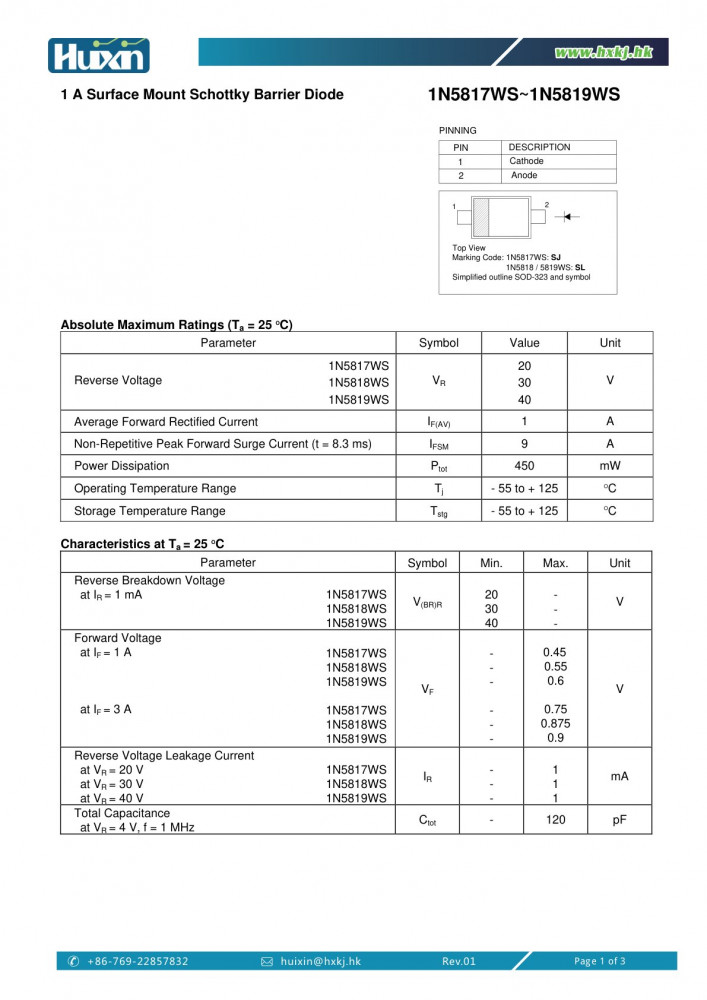 1N5819WS datasheet page 1