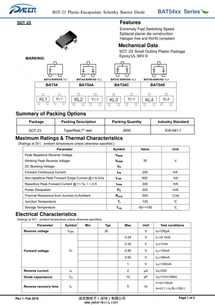 BAT54A datasheet page 1