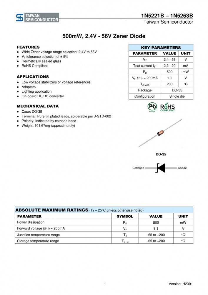 1N5256B datasheet page 1