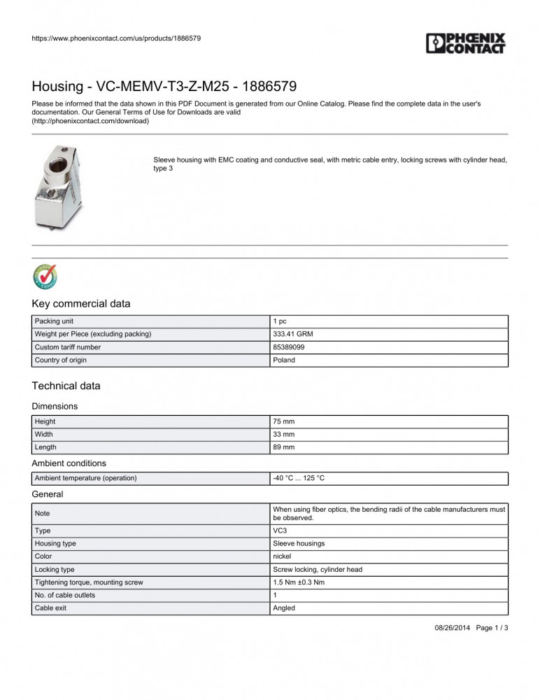 Phoenix Contact 1886579 product documentation page 1