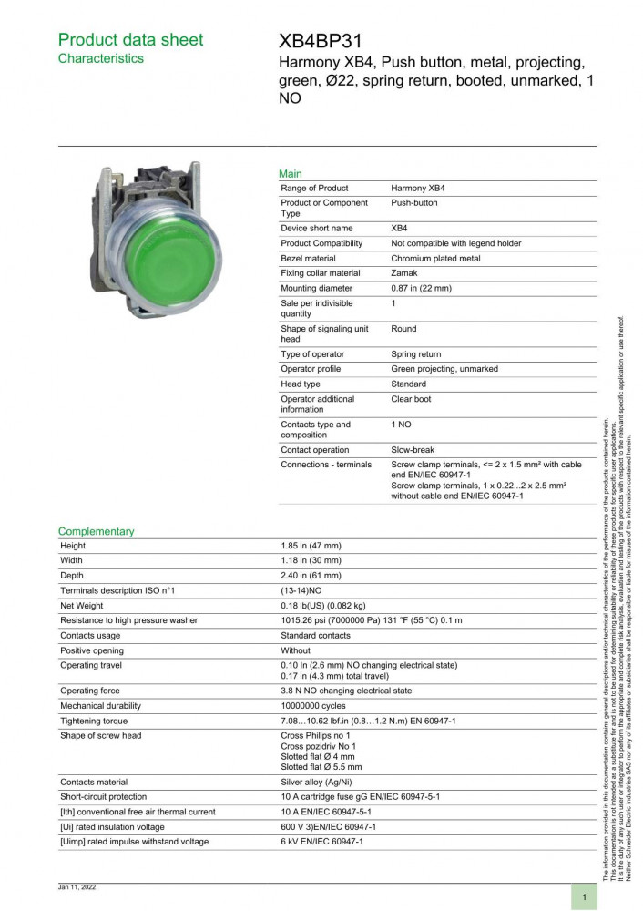 XB4BP31 technical document page 1