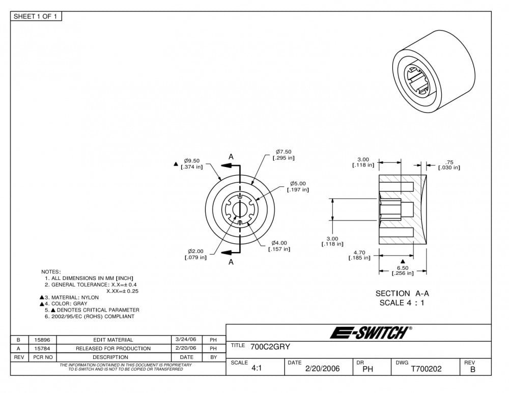 E-Switch 700C2GRY technical drawing page 1