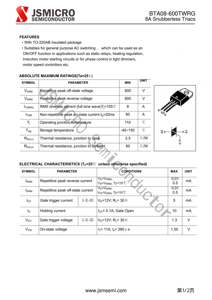 BTA08-600TWRG datasheet page 1