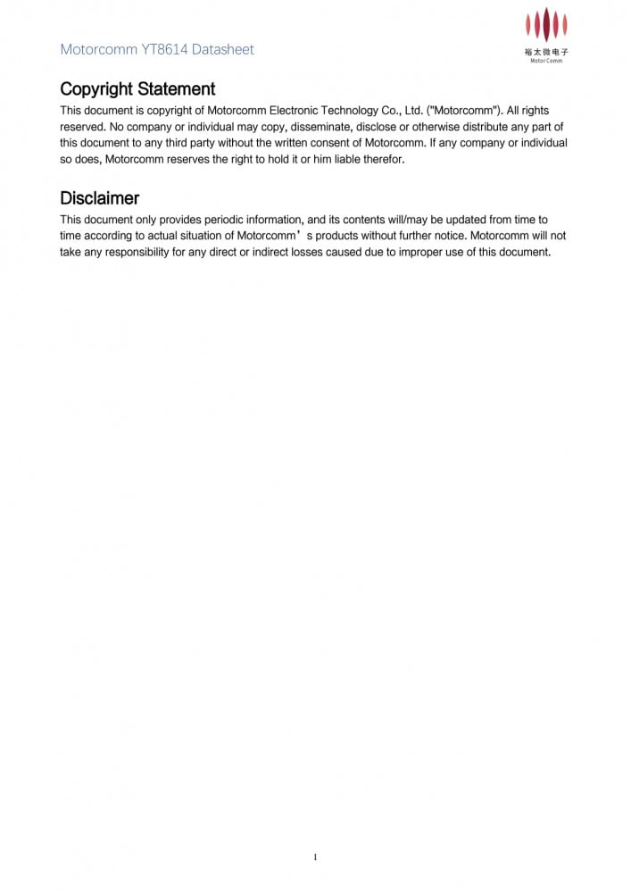 Motorcomm YT8614C datasheet page 2
