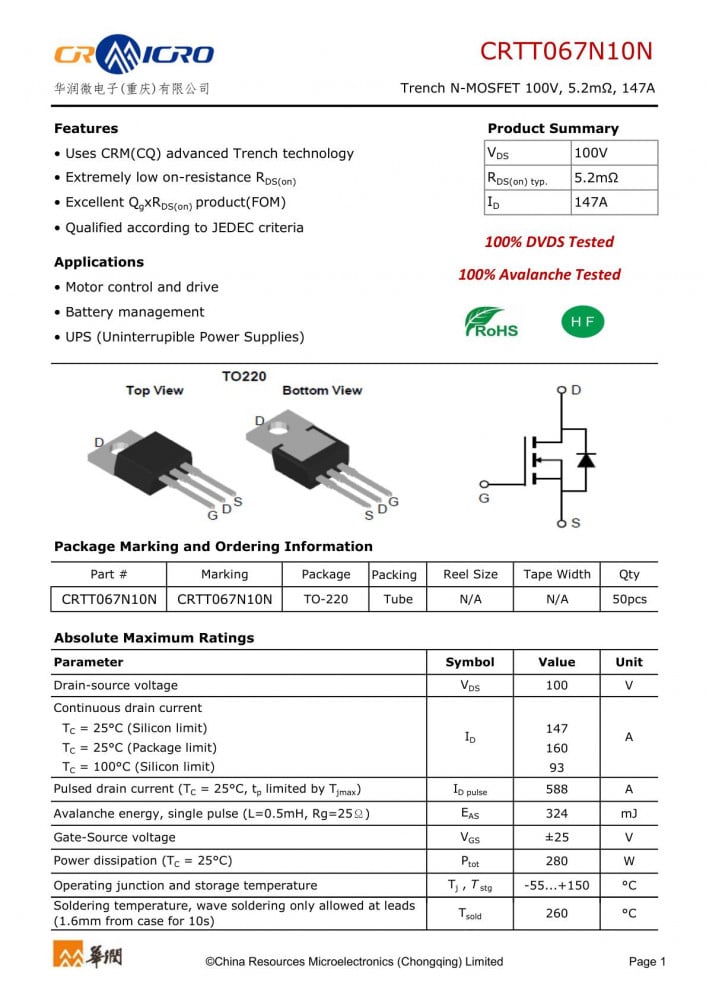 CRTT067N10N datasheet page 1