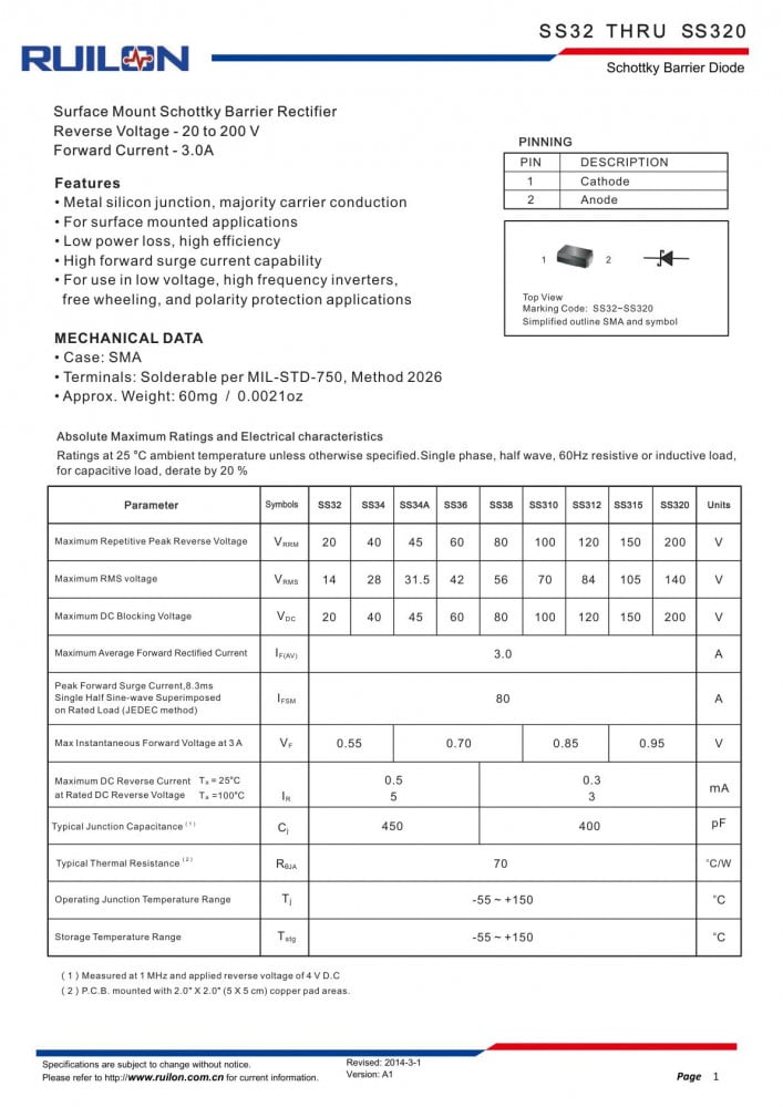 SS34A datasheet page 1
