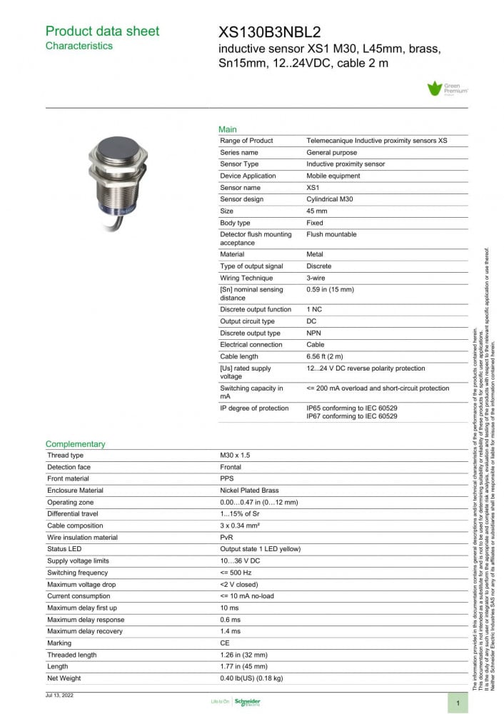 XS130B3NBL2 technical document page 1