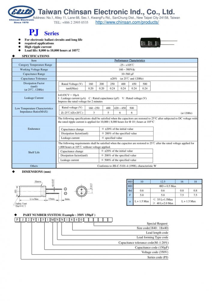 Chinsan PJ series specification page 1