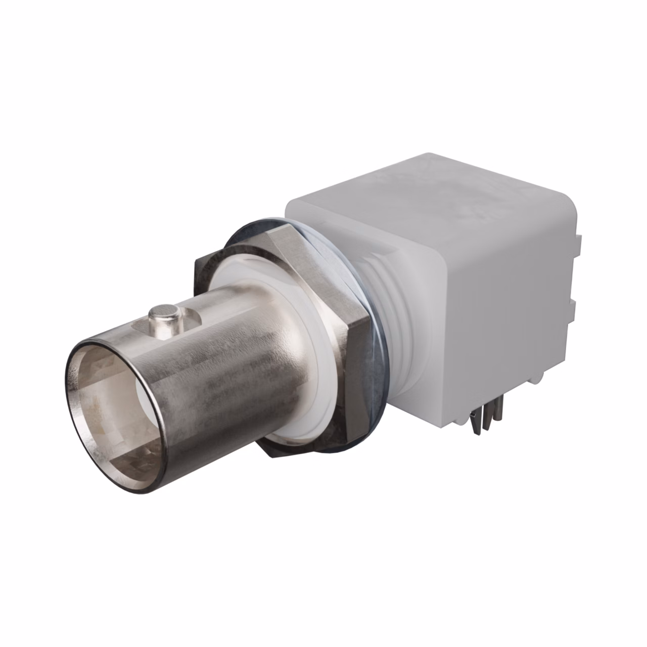 BNC Jack, Right-Angle, Bulkhead Receptacle, PCB, with Board Lock Legs, White PBT Housing, Housing Height 13.20mm, Nut and Lockwasher Included, Tray, 50 Ohms for sale
